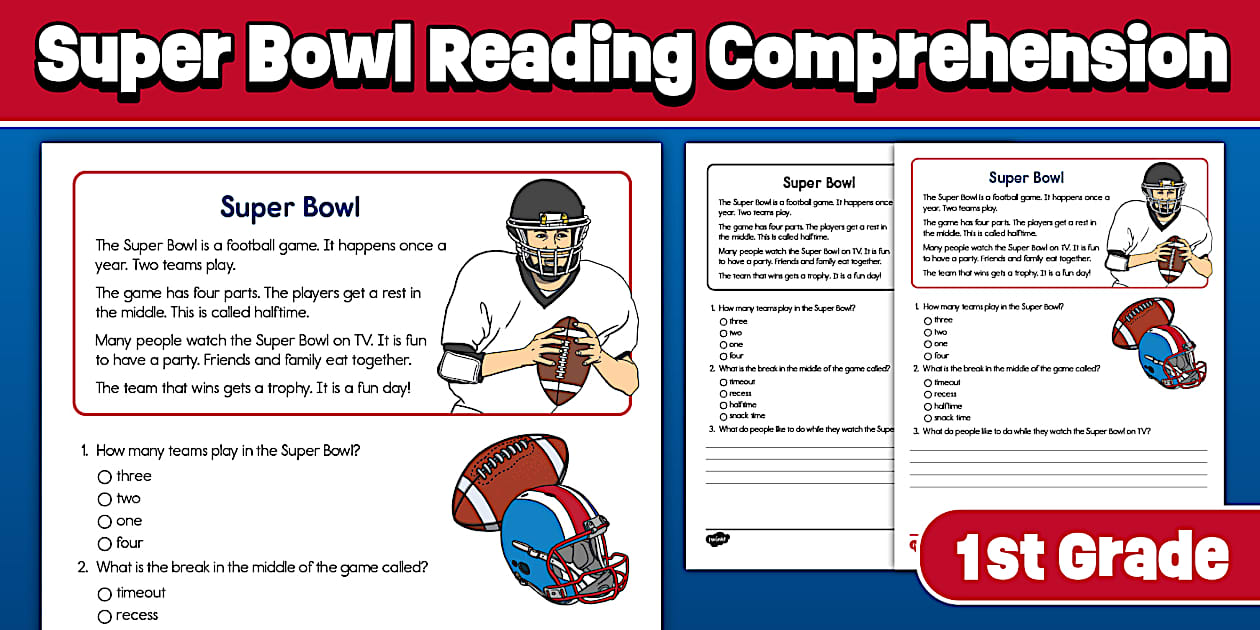 First Grade Super Bowl Reading Passage Comprehension Worksheet