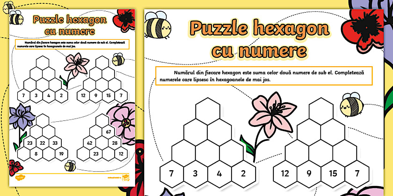 Albine și flori – Puzzle hexagon cu numere - Twinkl