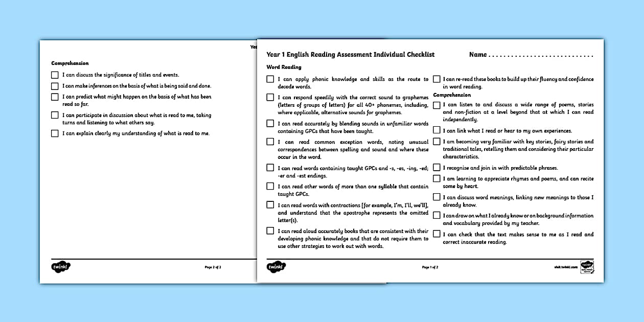 Editable 2014 Curriculum Year 1 English Reading Assessment Individual
