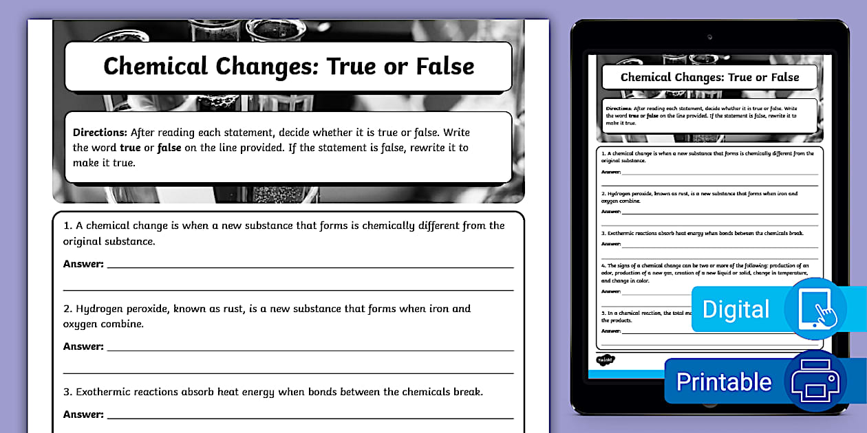 Chemical Changes True or False Quiz for 6th-8th Grade