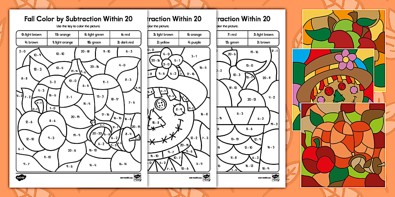 Fall Color by Subtraction Within 20 Worksheet (teacher made)