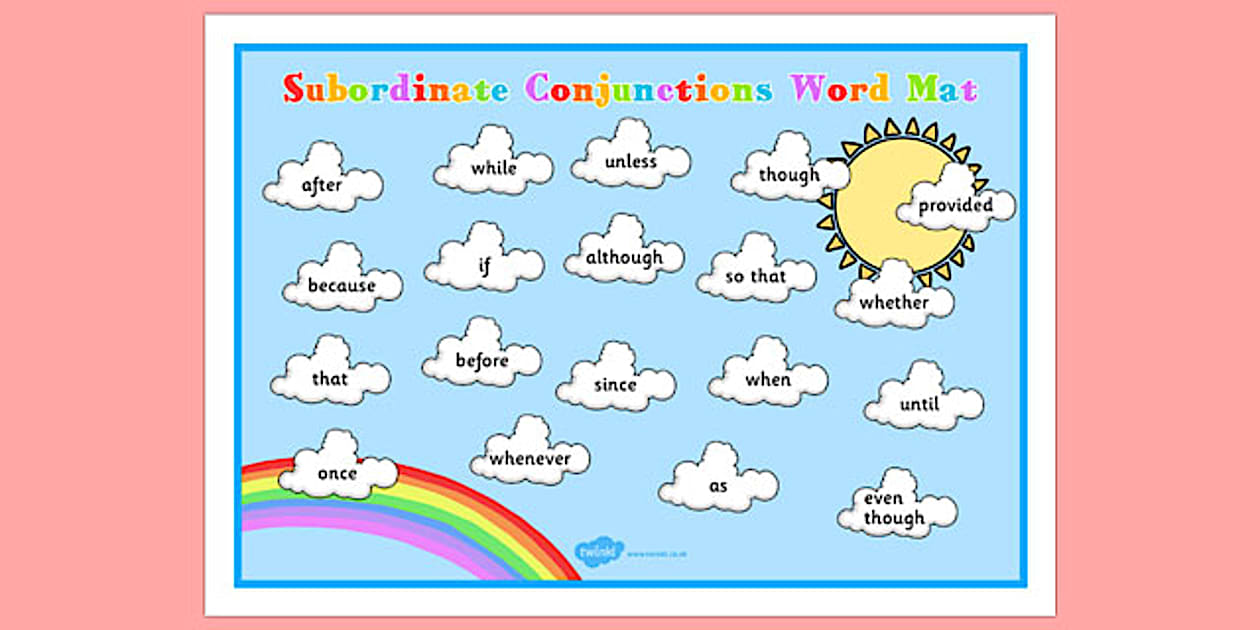 Black and White Cloud Themed Subordinate Conjunctions Word Mat