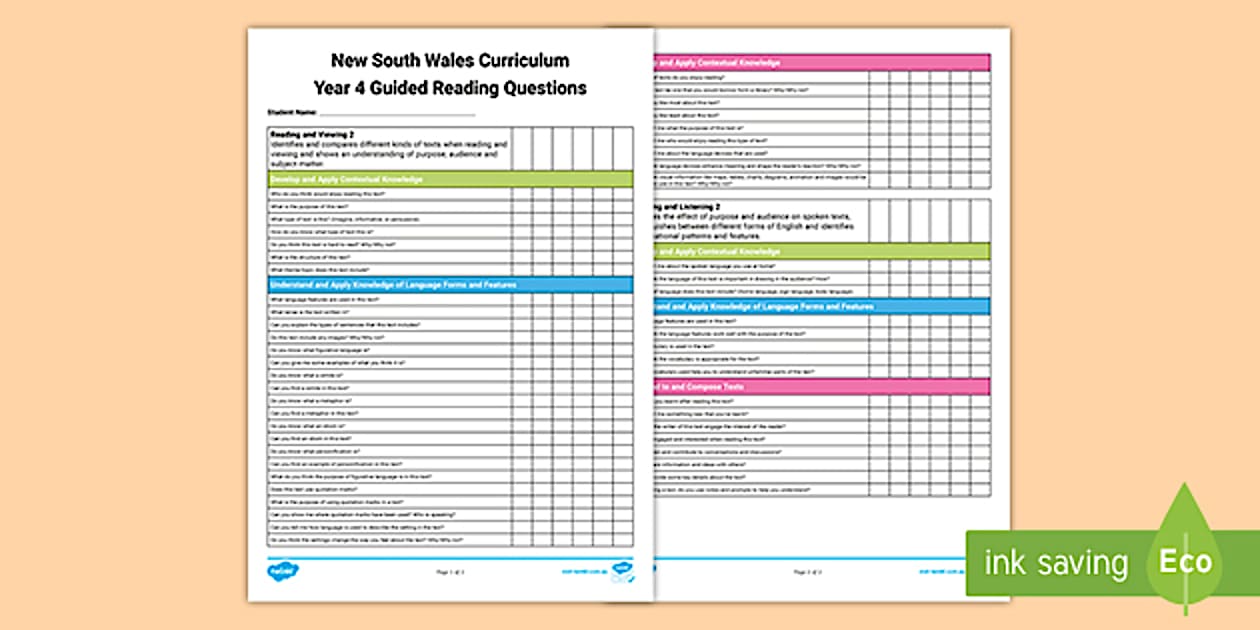 Black and White NSW Year 4 Guided Reading Assessment Guidelines Checklist