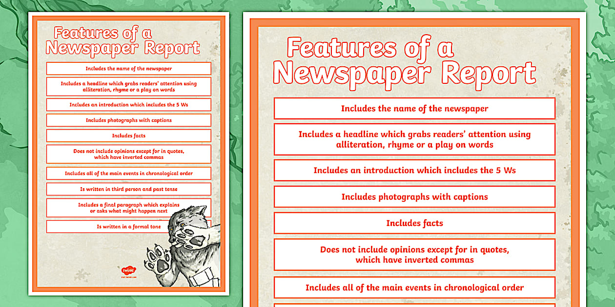 Features of a Newspaper Report Display Poster (teacher made)