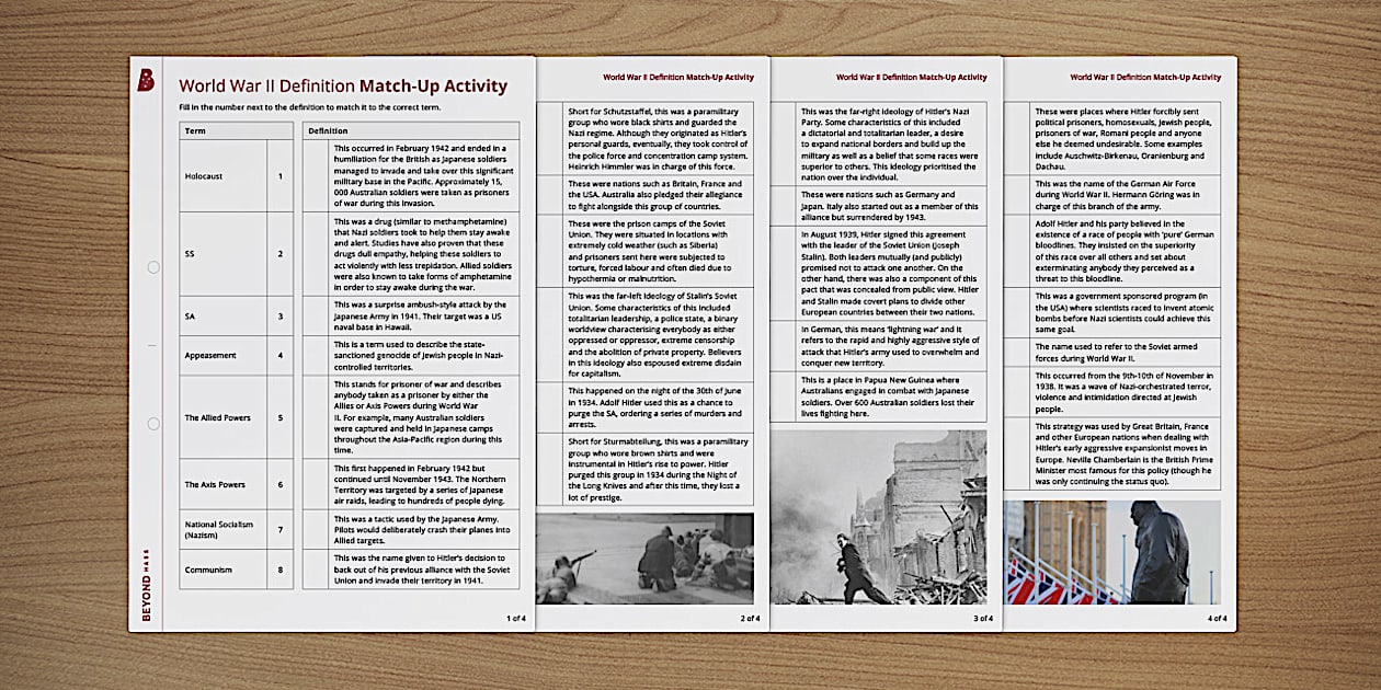 World War II Definition Match-Up Activity - Twinkl