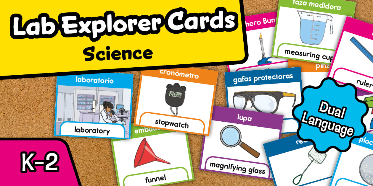 Spanish/English Science Lab Tools Flash Cards for K to 2nd