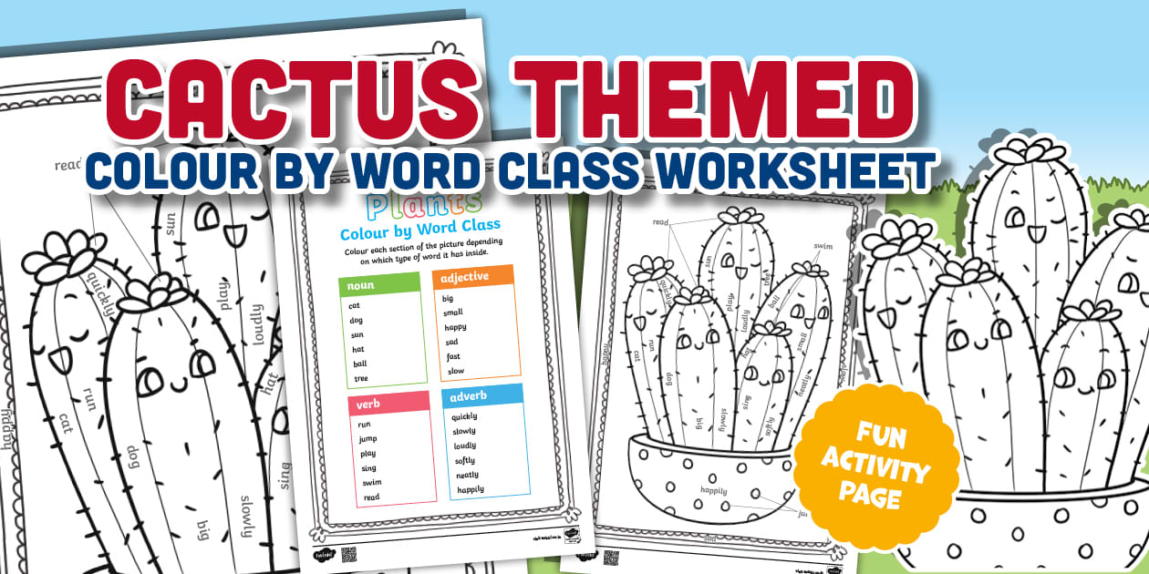 Cactus-Themed Colour by Word Class Worksheet