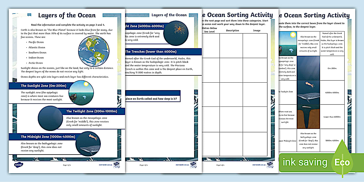 Layers of the Ocean Activity Sorting Science - Twinkl
