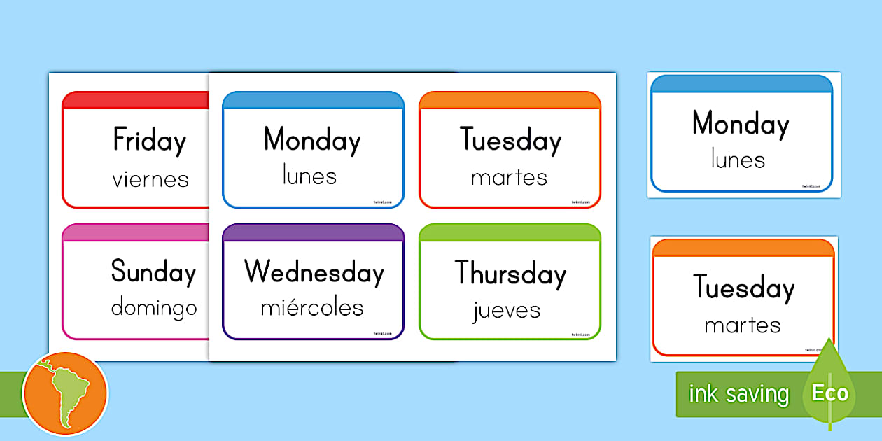 Days of the Week Flash Cards - English/Spanish- Days of the Week Flashcards