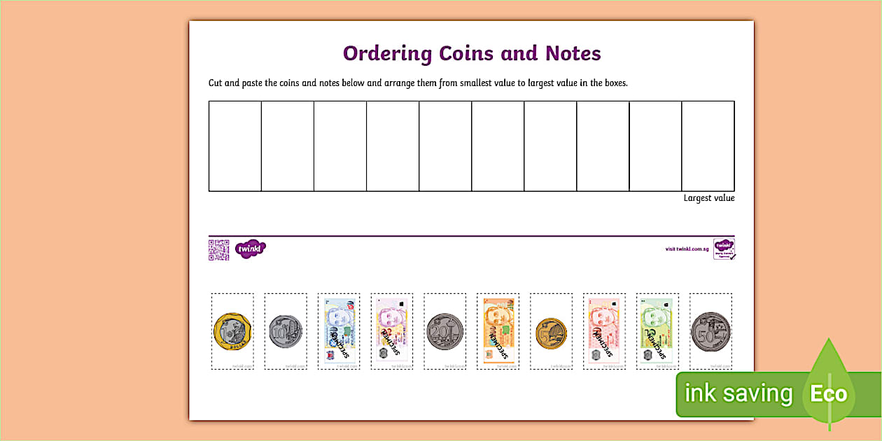 Singapore Money - Ordering Coins and Notes Worksheet