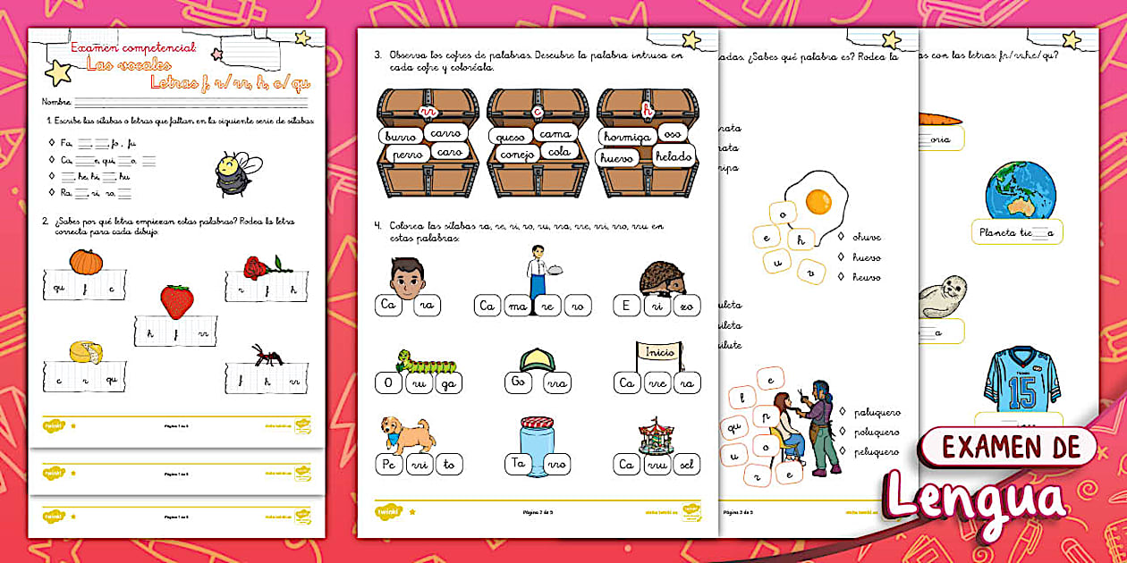 Examen competencial: Las vocales. Letras f, r/rr, h, c/qu