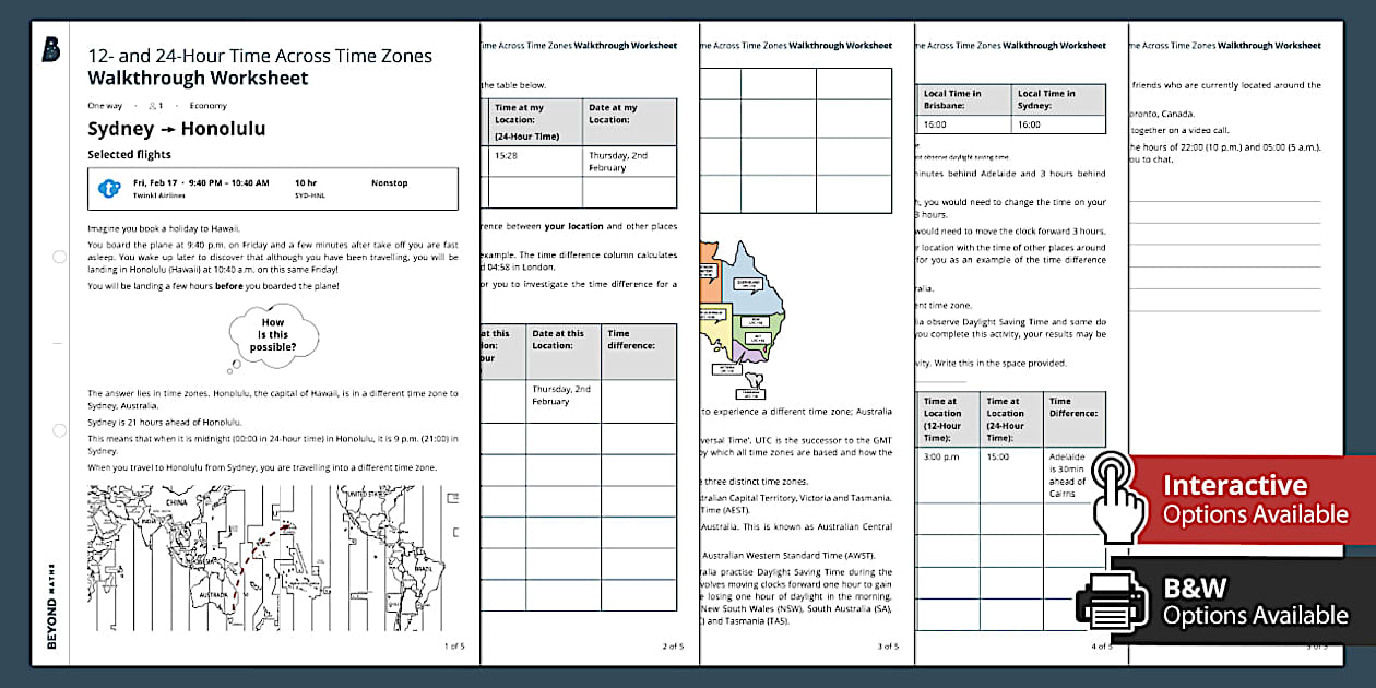 12- and 24-hour Time Across Time Zones Walkthrough Worksheet