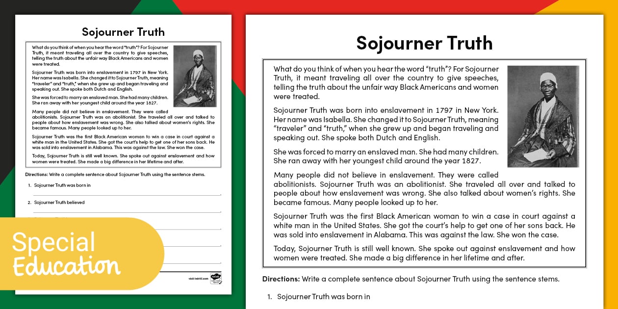 Sojourner Truth Writing Worksheet With Sentence Stems