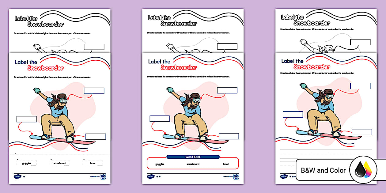 Early Childhood Label the Snowboarder Differentiated Cut and Paste ...