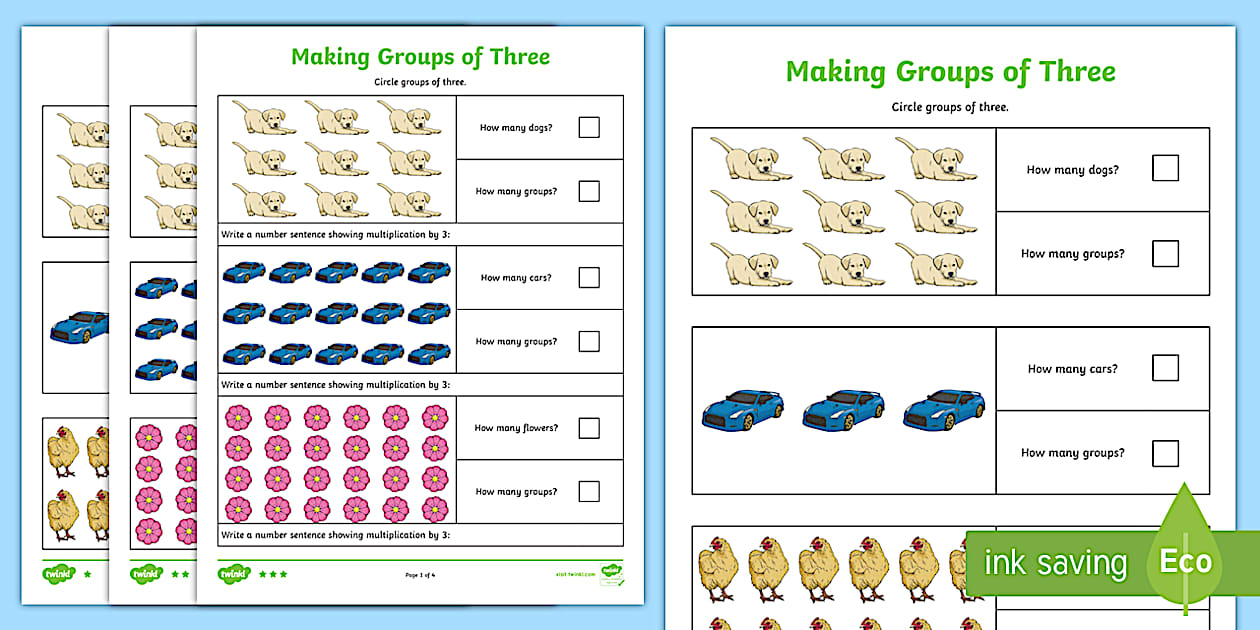 Making Groups of Three Differentiated Worksheet - Twinkl