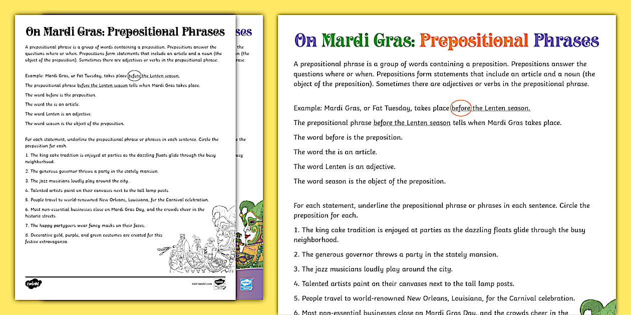 Mardi Gras Prepositional Phrases Resource | Twinkl - Twinkl
