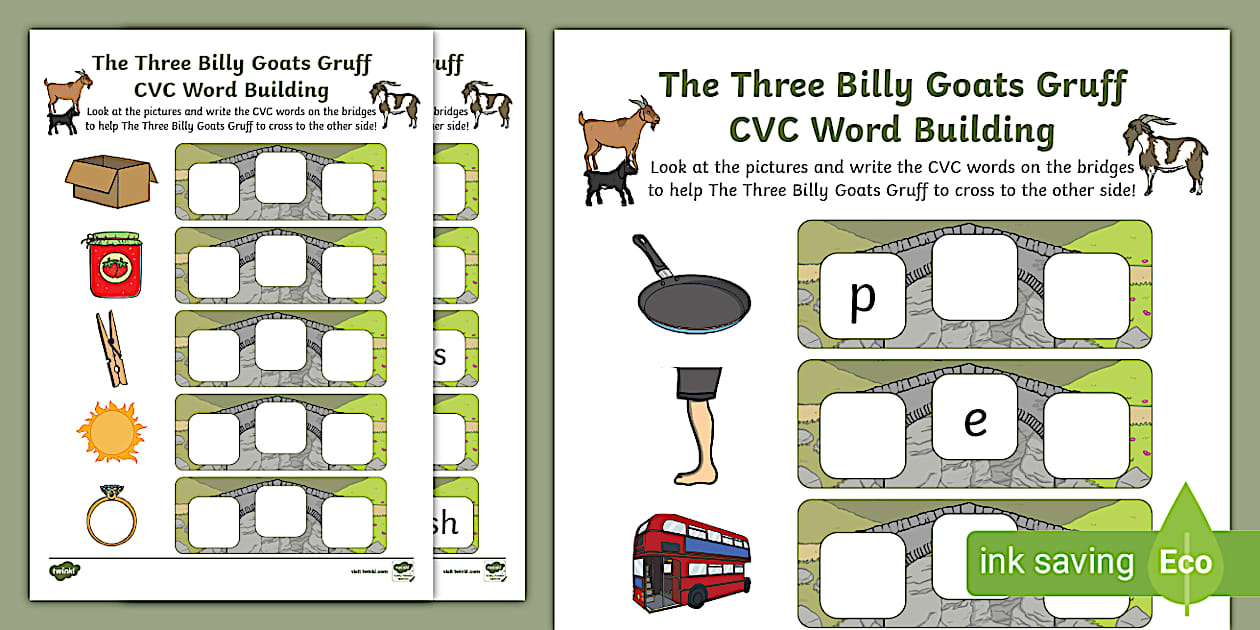 The Three Billy Goats Gruff CVC Word Building Activity Sheet