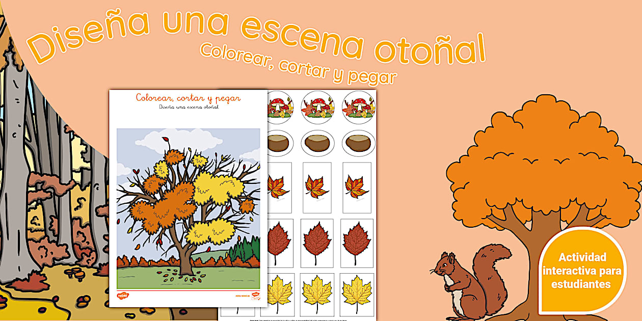 Ficha de actividad: Colorear, cortar y pegar - Diseña una escena otoñal