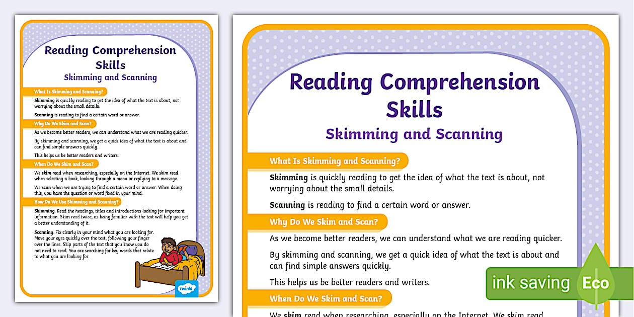 Reading Comprehension Skills: Skimming and Scanning Poster ( Year 3-4)