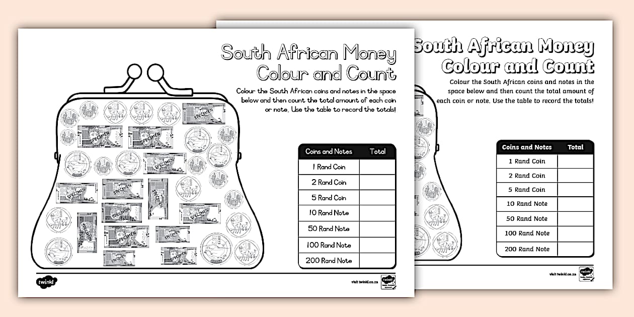 South African Money Colour and Count Worksheet - Twinkl