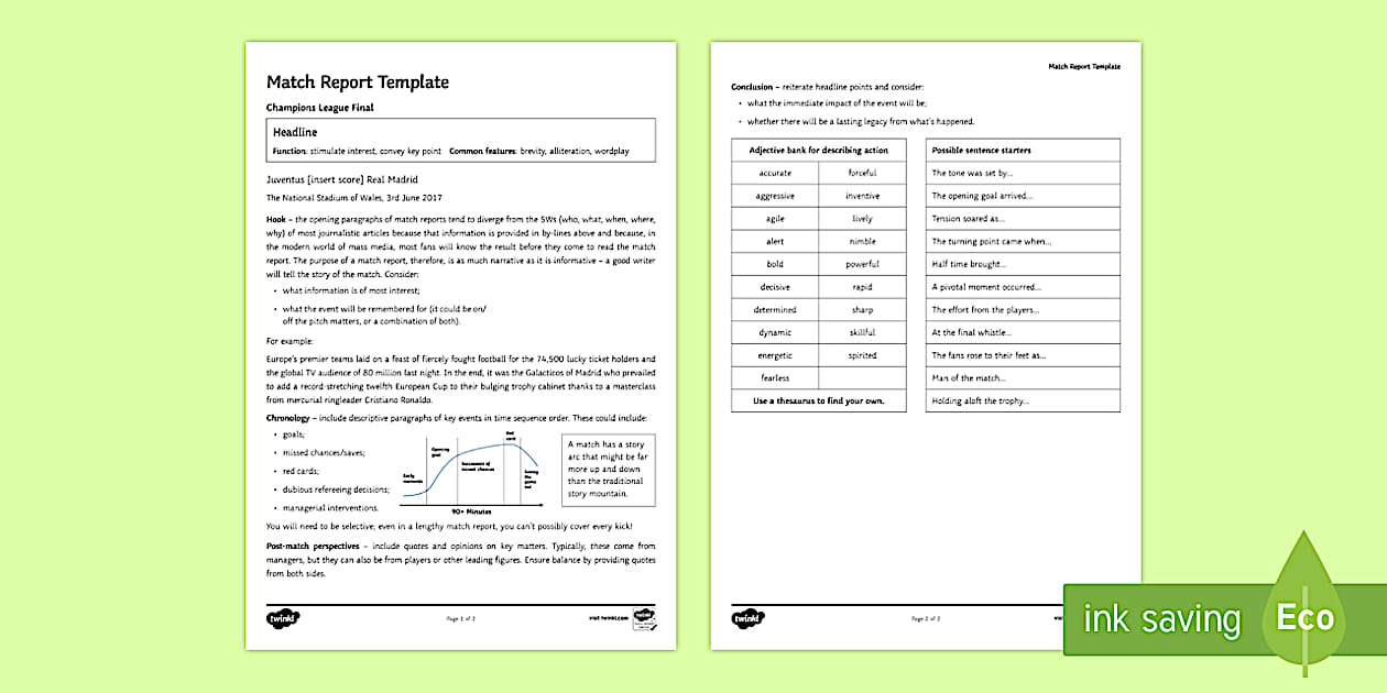 Champions League Final Match Report Differentiated Writing Template