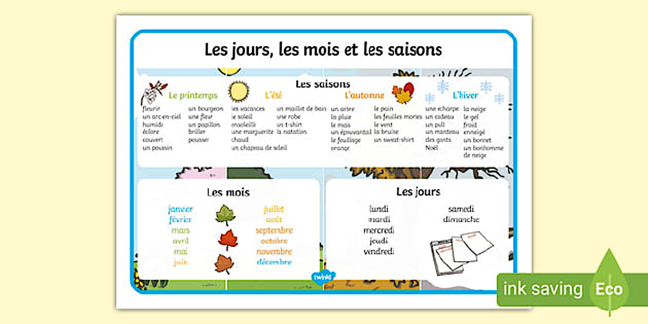 French Seasons and Months | Seasons, Months, Days Word Mat
