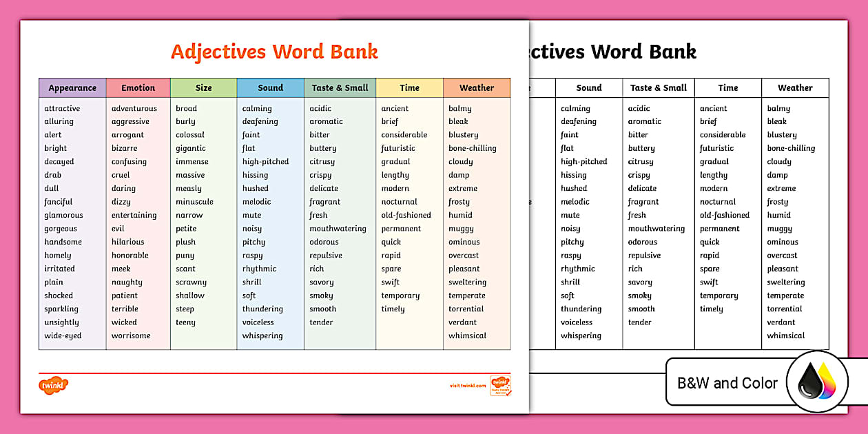 Adjective Word Bank | English Language Arts | Twinkl USA