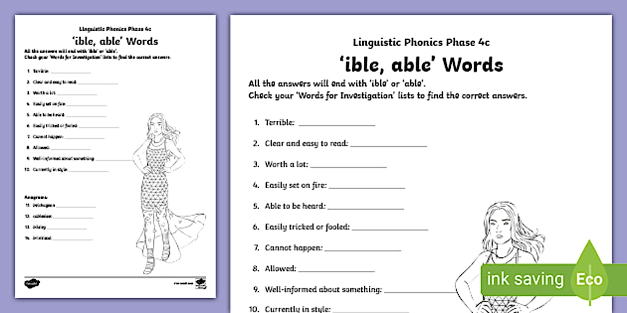 Linguistic Phonics Phase 4c 'ible, able' Word Worksheet