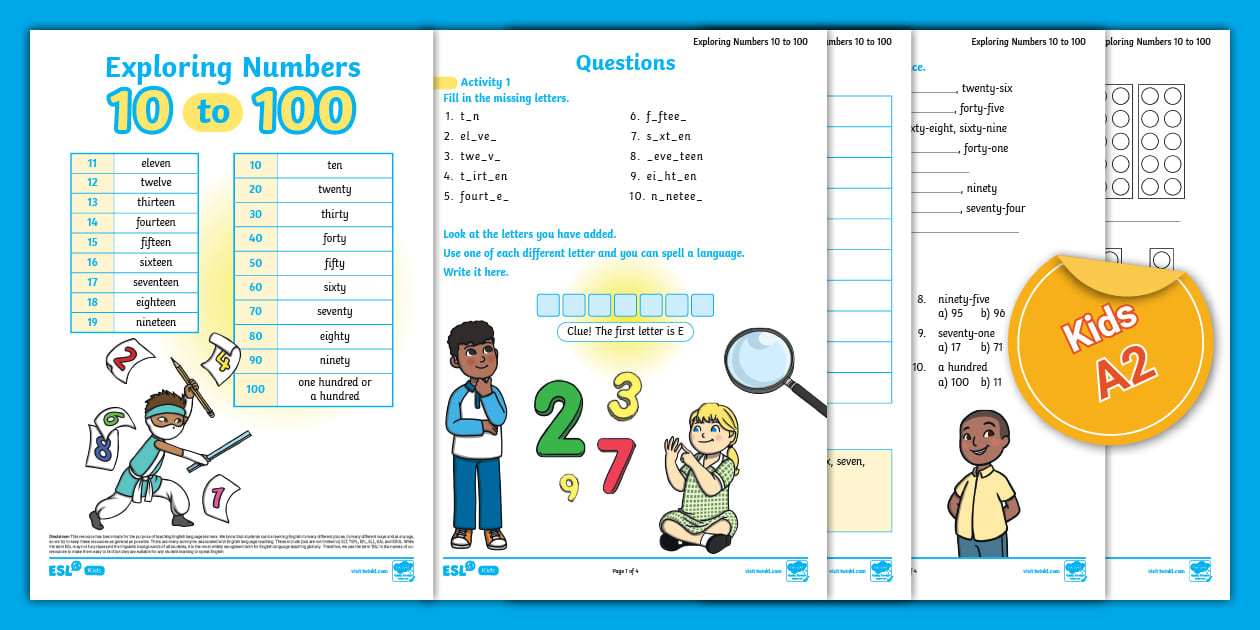 ESL Numbers 10-100 Worksheet for Kids (teacher made)