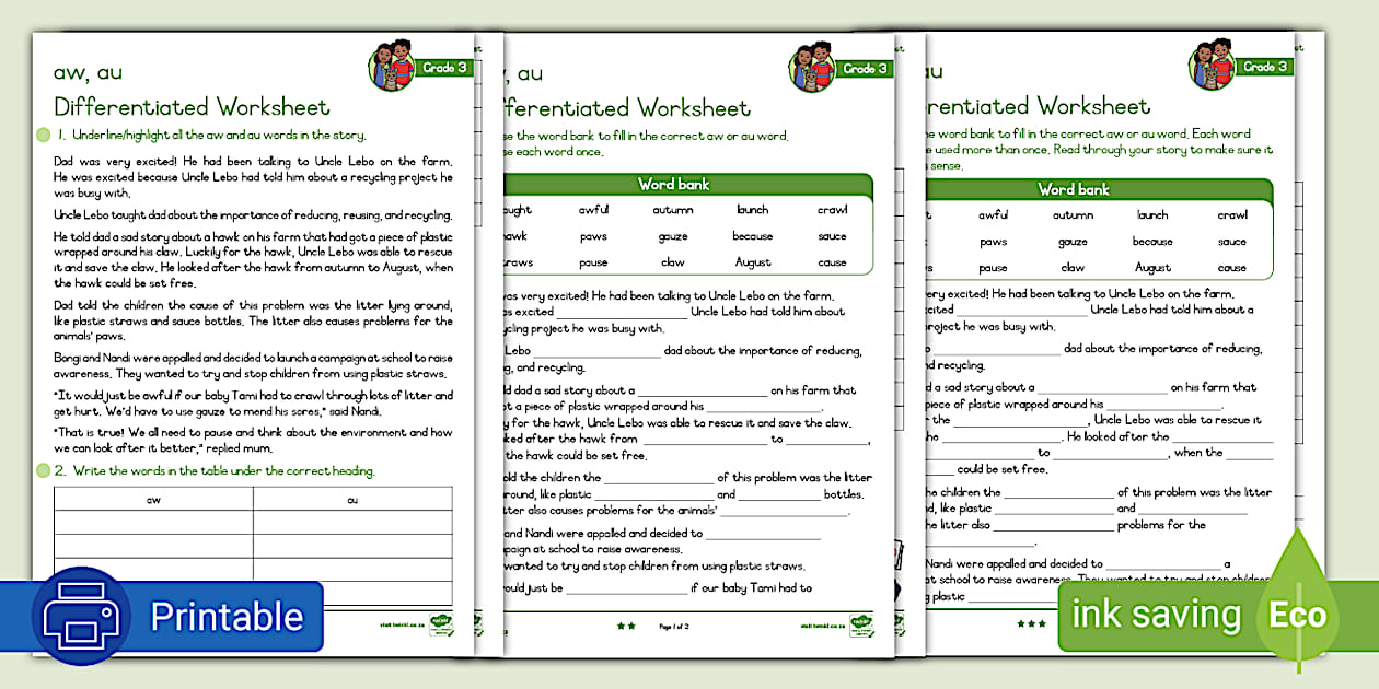 Grade 3 Phonics: aw au: Differentiated Worksheets - Twinkl