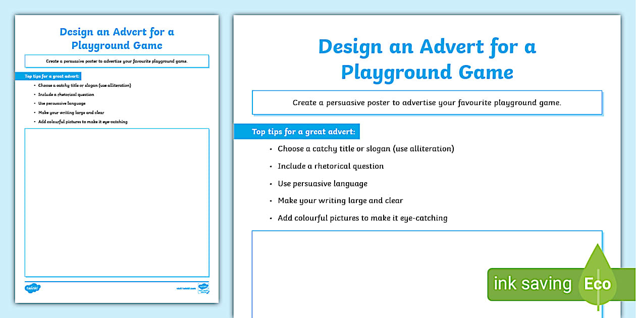 Design an Advert for a Playground Game Activity Sheet