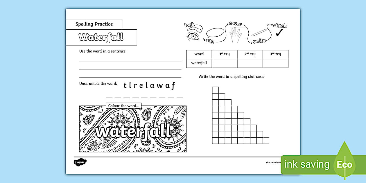 Waterfall Spelling Practice Worksheet (teacher made)