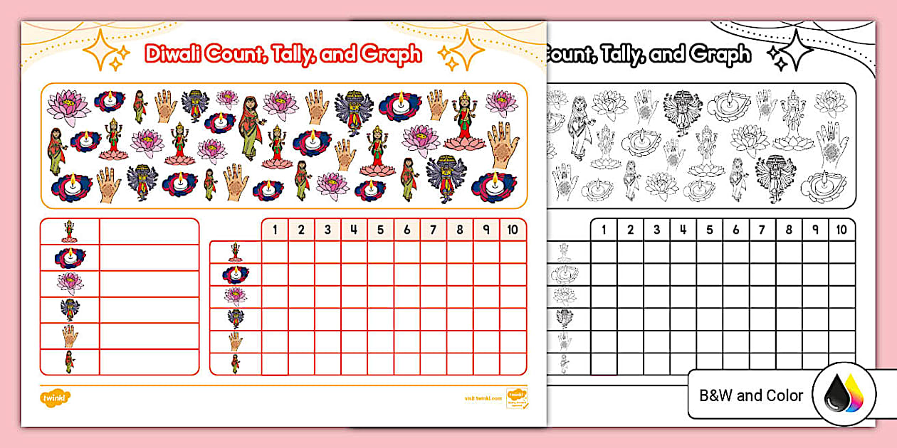 First Grade Diwali Count, Tally, and Graph Worksheet