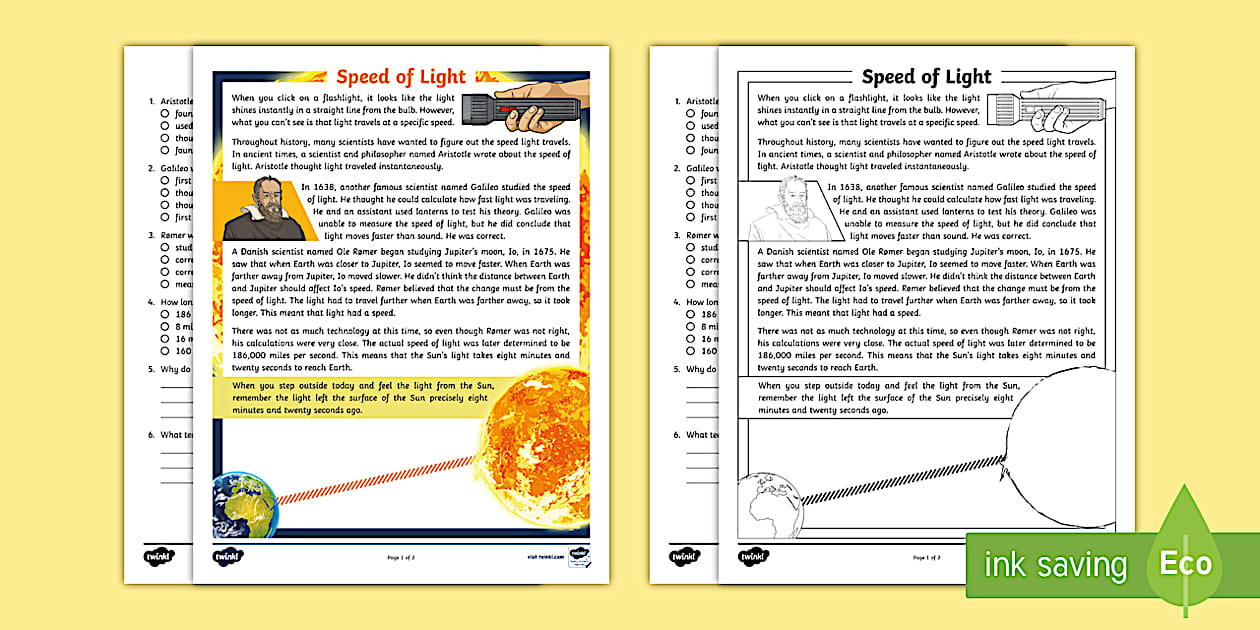 Fourth Grade Speed of Light Reading Comprehension Worksheet