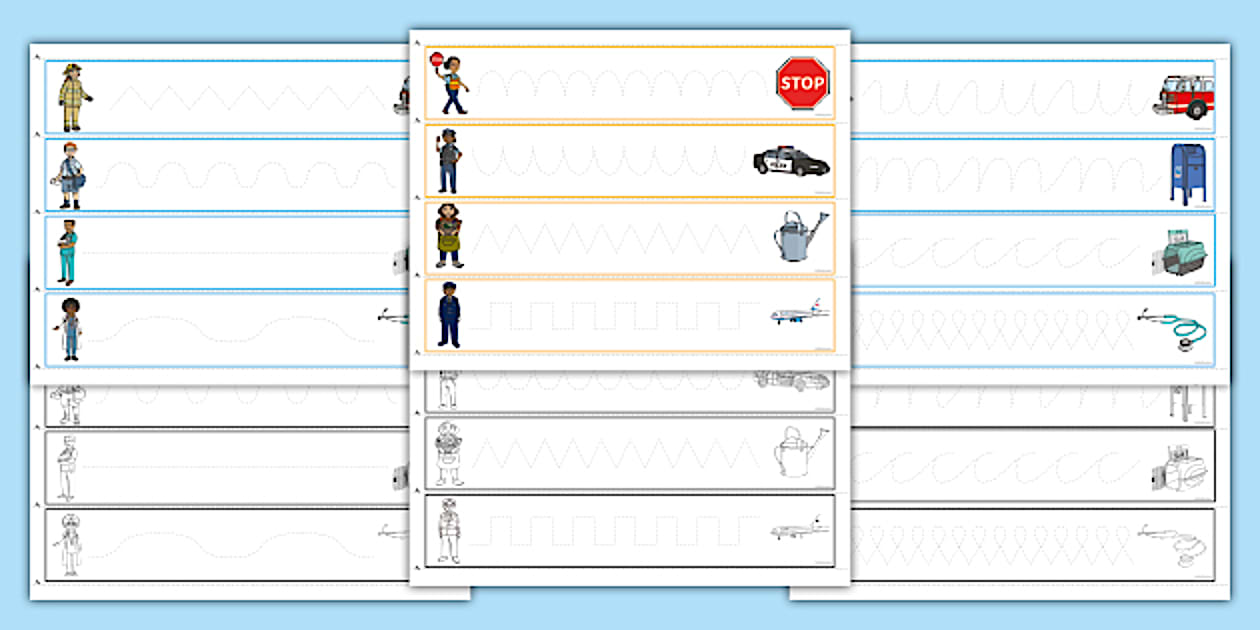 Community Helpers Fine Motor Tracing Cards: Lines - Twinkl