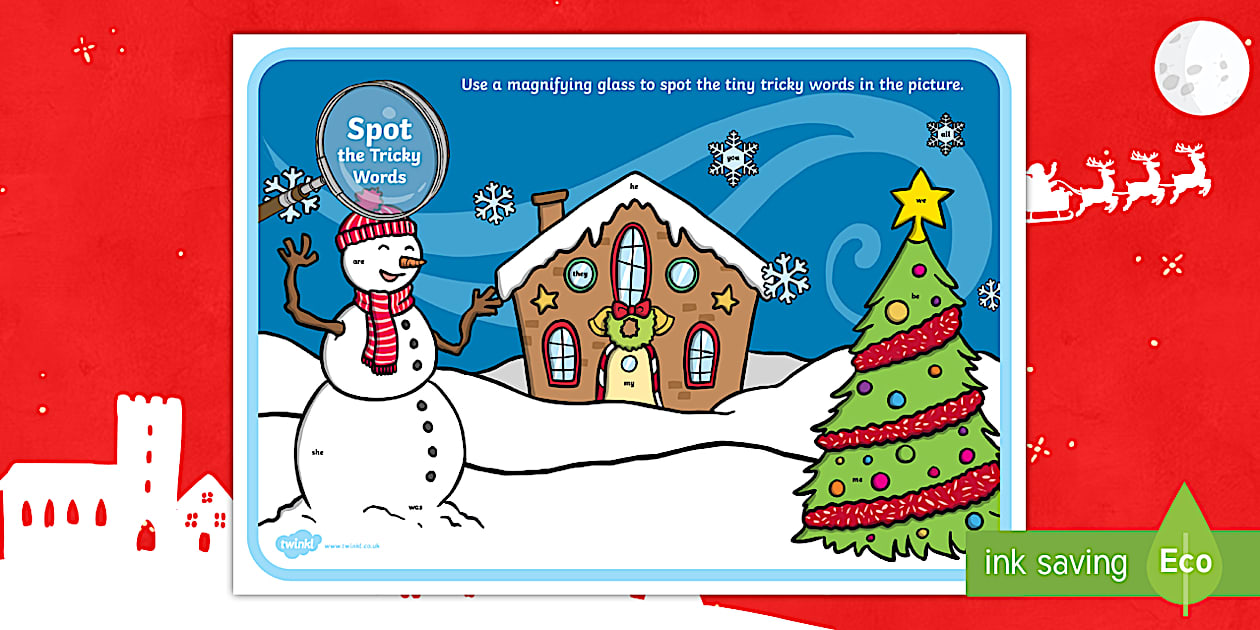 Black and White Phase 3 Tricky Words Christmas Scene Magnifying Glass