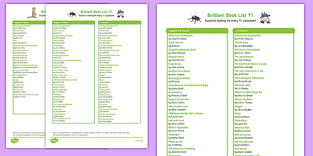 Brilliant Books - Year 1 Reading Books List (teacher made)