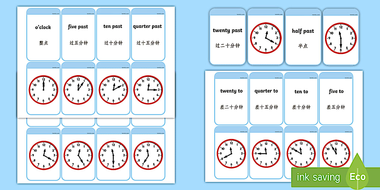 Telling The Time Matching Flashcards English/Mandarin Chinese - Telling The