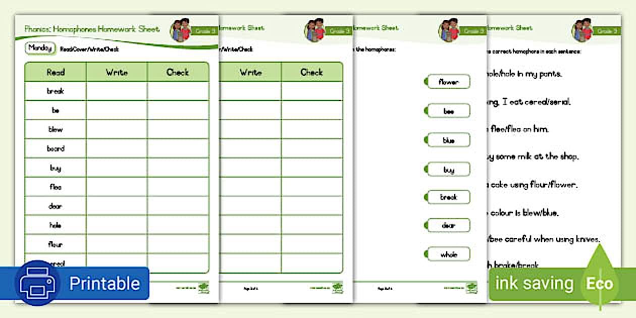 Grade 3 Phonics: Homophones Homework Sheet (teacher made)