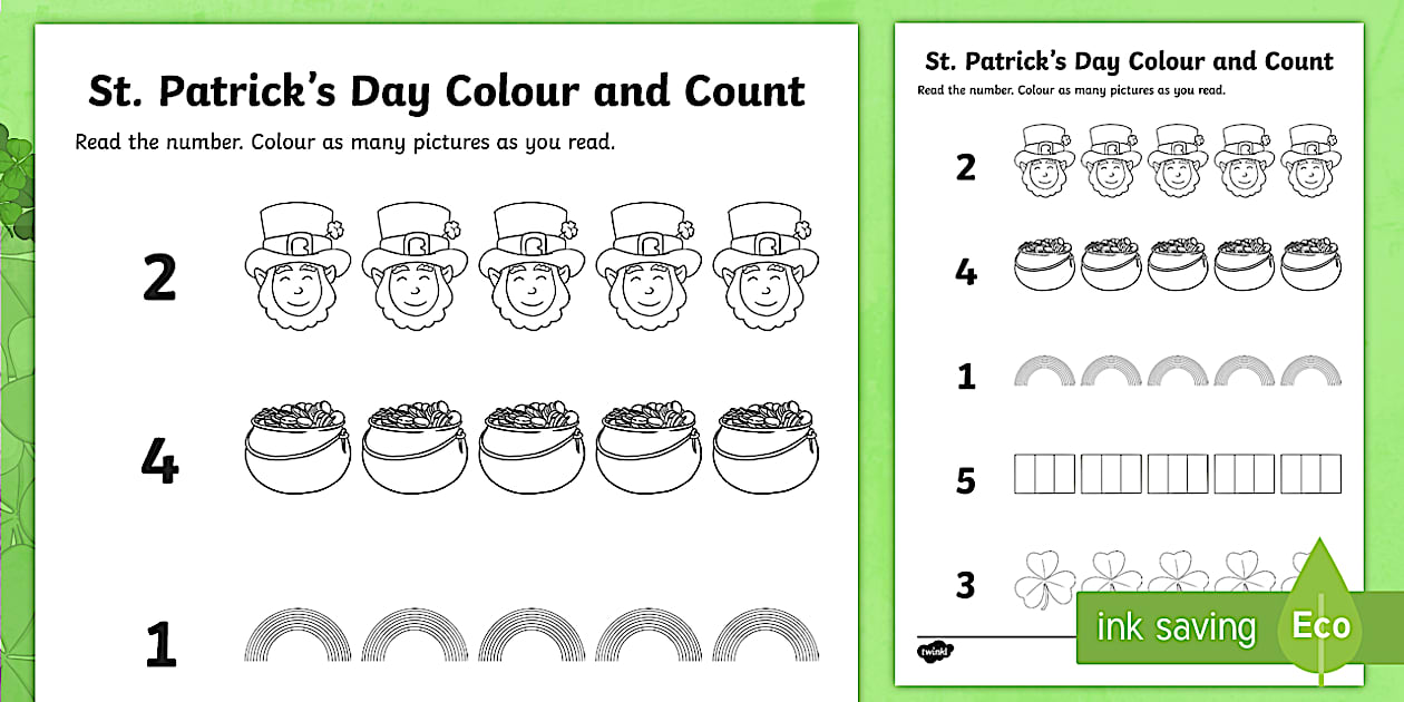St Patricks Day Themed Count and Colour Sheet - Twinkl