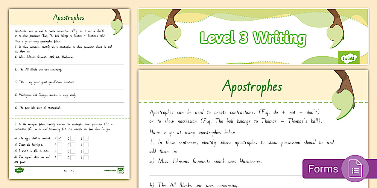 Level 3 Writing: Apostrophes for Possession - Worksheet