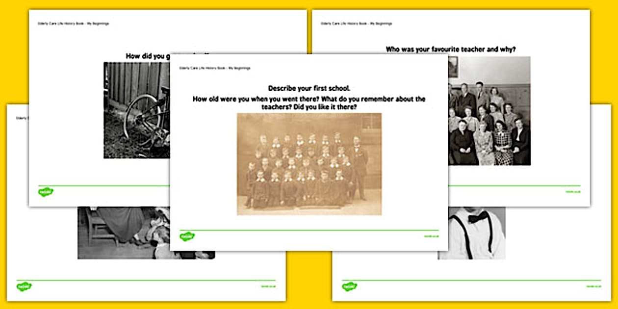 Black and White Elderly Care Life History Book School Days Picture Prompts