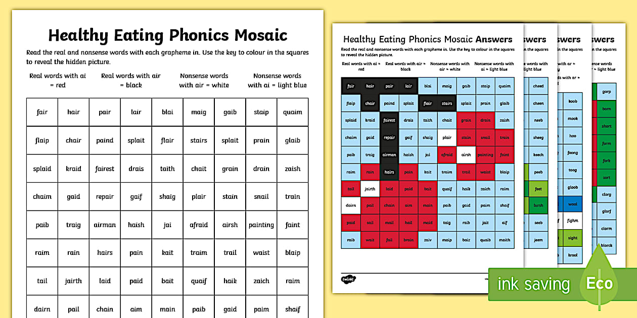 Healthy Eating Week Phase 3 Phonics Mosaic Worksheets
