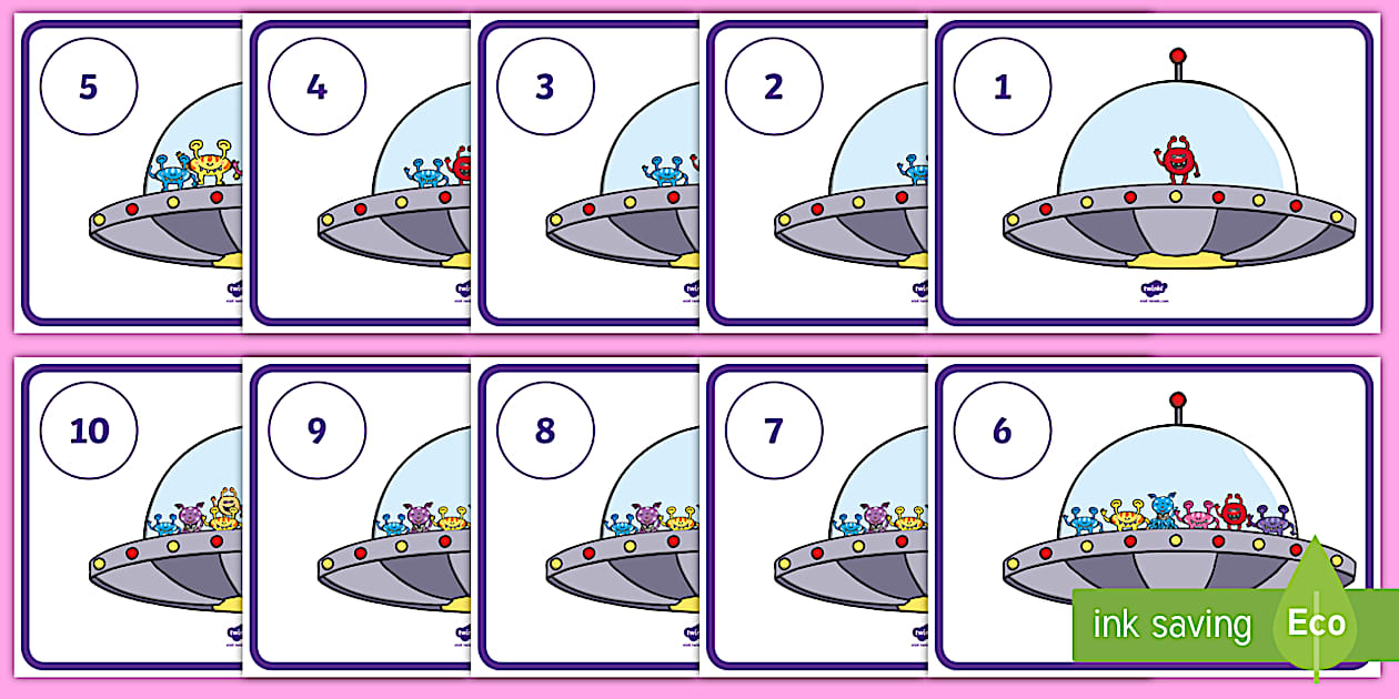 Numbers on Aliens in Flying Saucer Display Posters - Twinkl