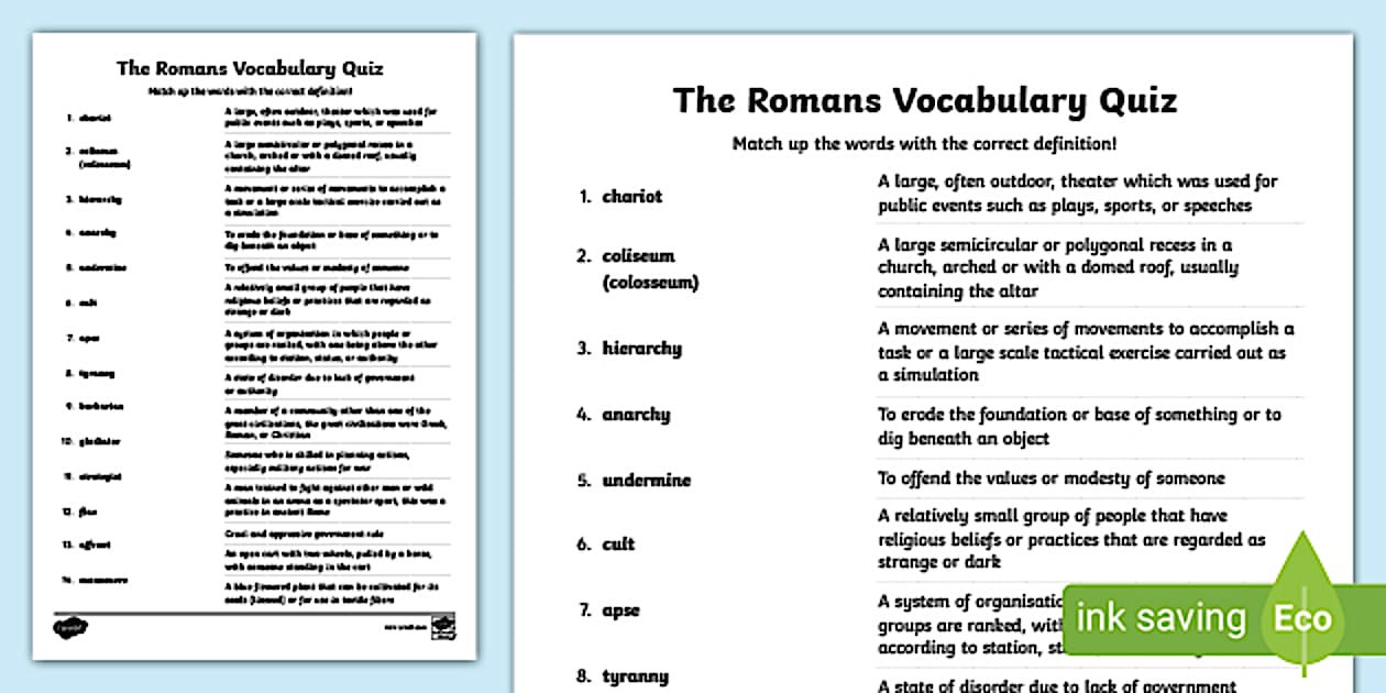 Ancient Rome Vocabulary and Definition Matching Worksheet - romans