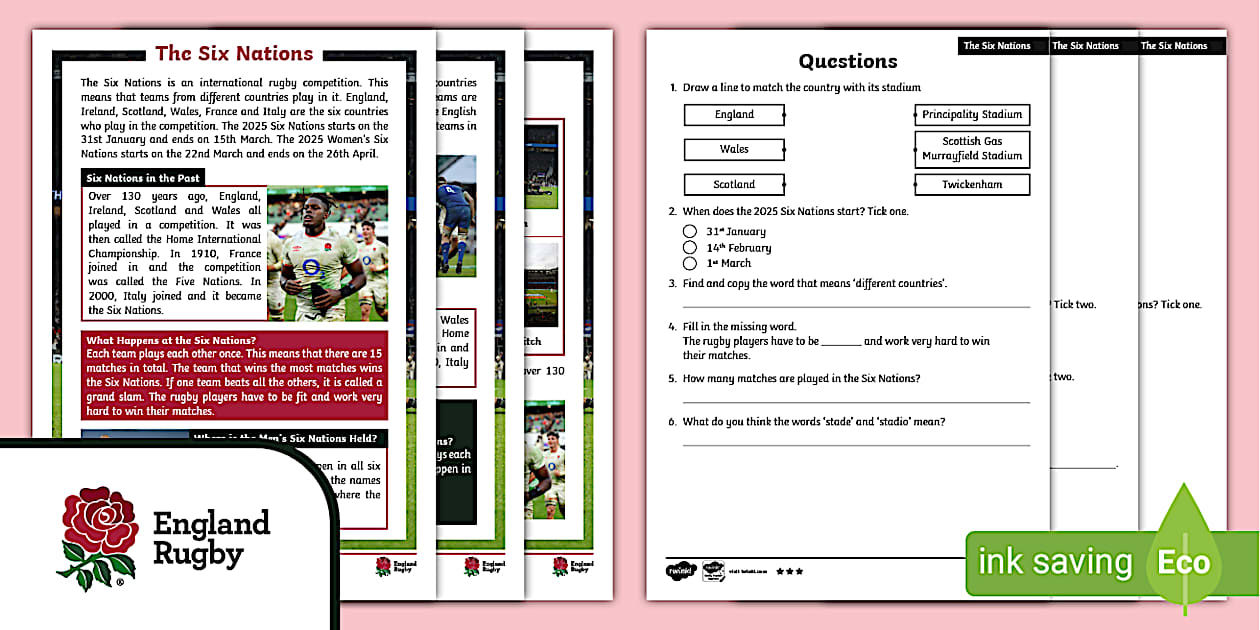 FREE! - England Rugby: Six Nations Reading Comprehension Ages 5-7
