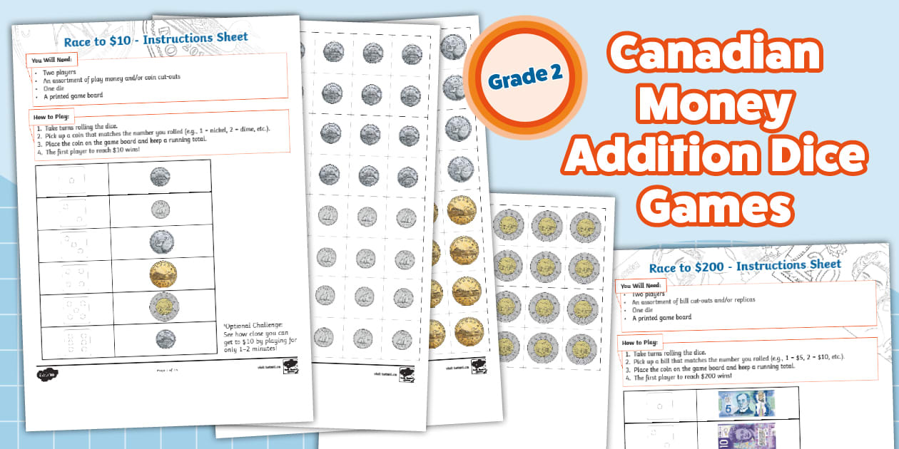 Canadian Money Addition Dice Games