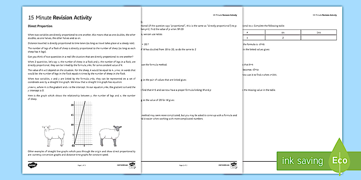 15-Minute Revision Activities: Direct Proportion Worksheet