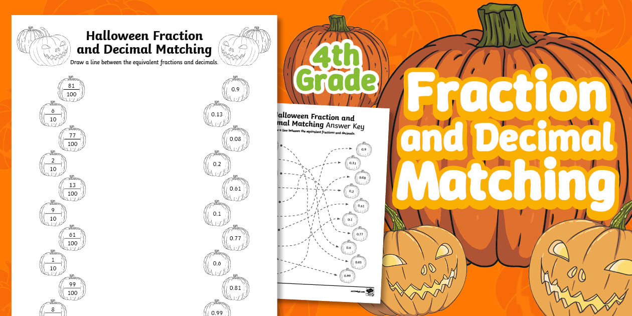 Fourth Grade Fraction and Decimal Halloween Matching