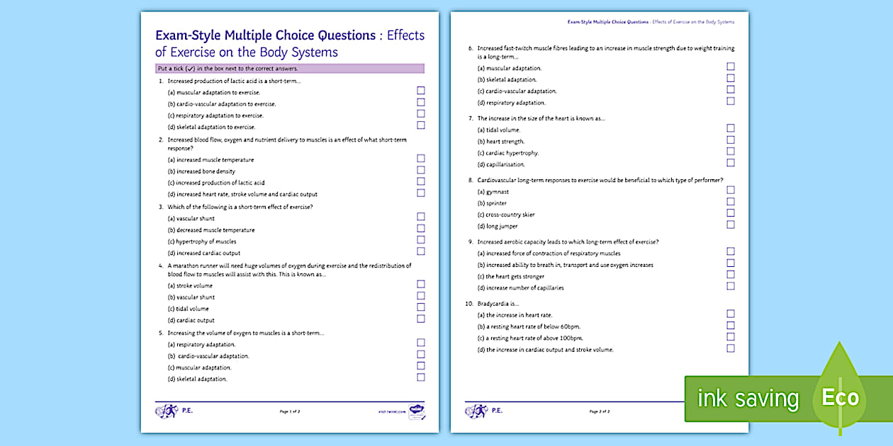 GCSE PE Exam-Style Multiple Choice Questions: The Effects of Exercise